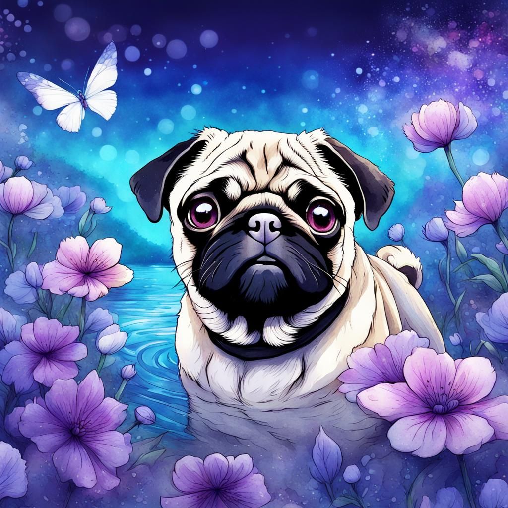 An Anime-Style Pug Surrounded by Magical Flowers - AI Generated Artwork ...