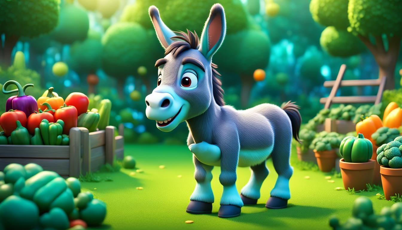 Cute chibi donkey, in the garden, between the beds with vegetables ...