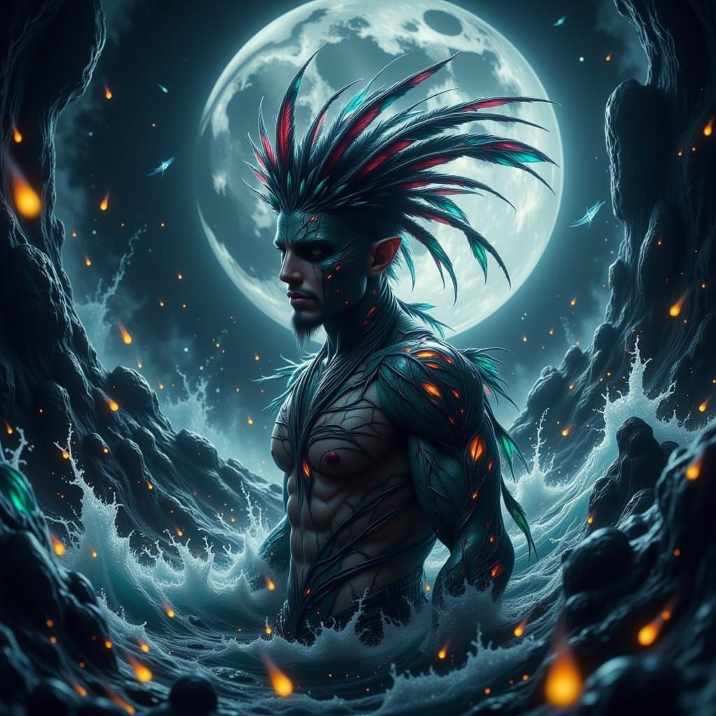 Dark Fantasy Fae Emerges from Moonlit Waves, Quetz... - AI Art