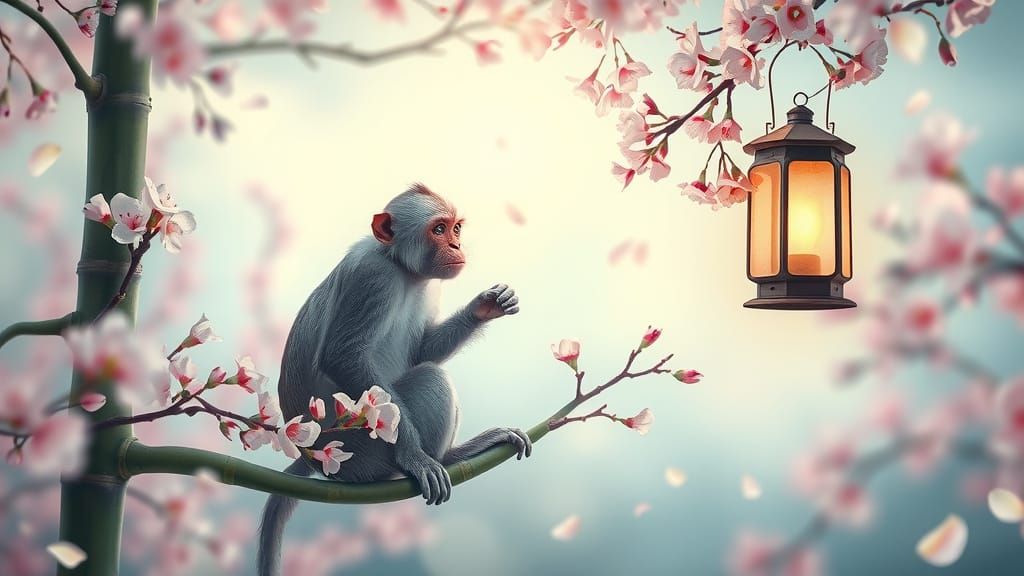 Contemplative Monkey in Dreamy Watercolor Landscap... - AI Art