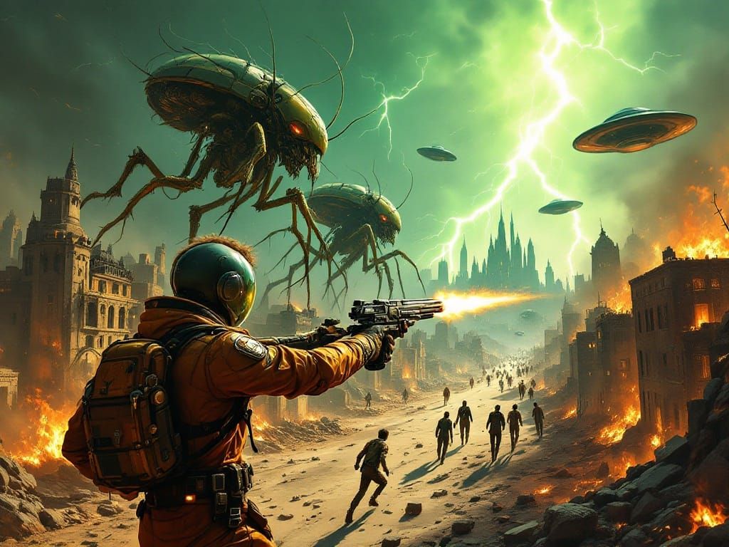 A scene straight from a 1950s sci-fi comic: towering, insect-like ...