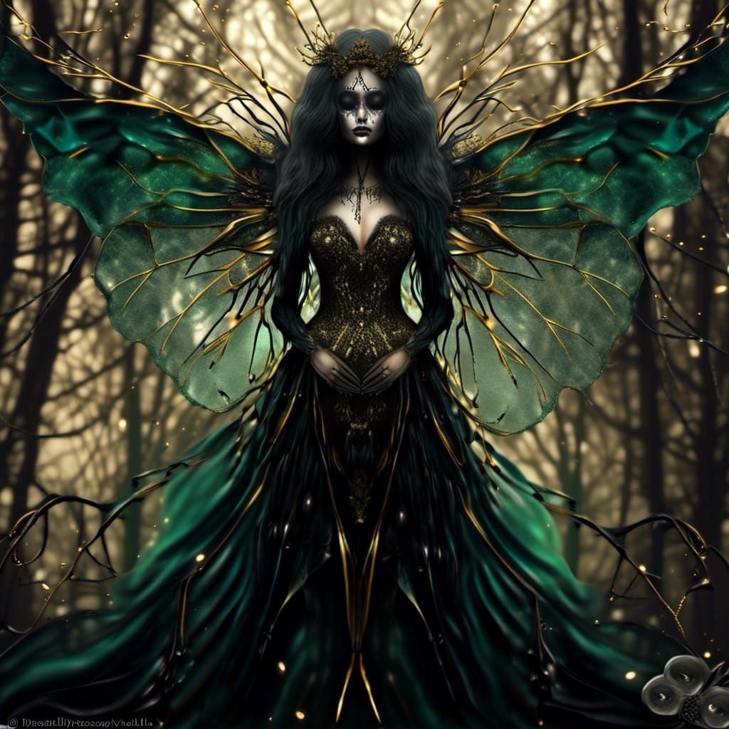 curvy cursed evil crystal fairy, undead aura, black and gold fog ...