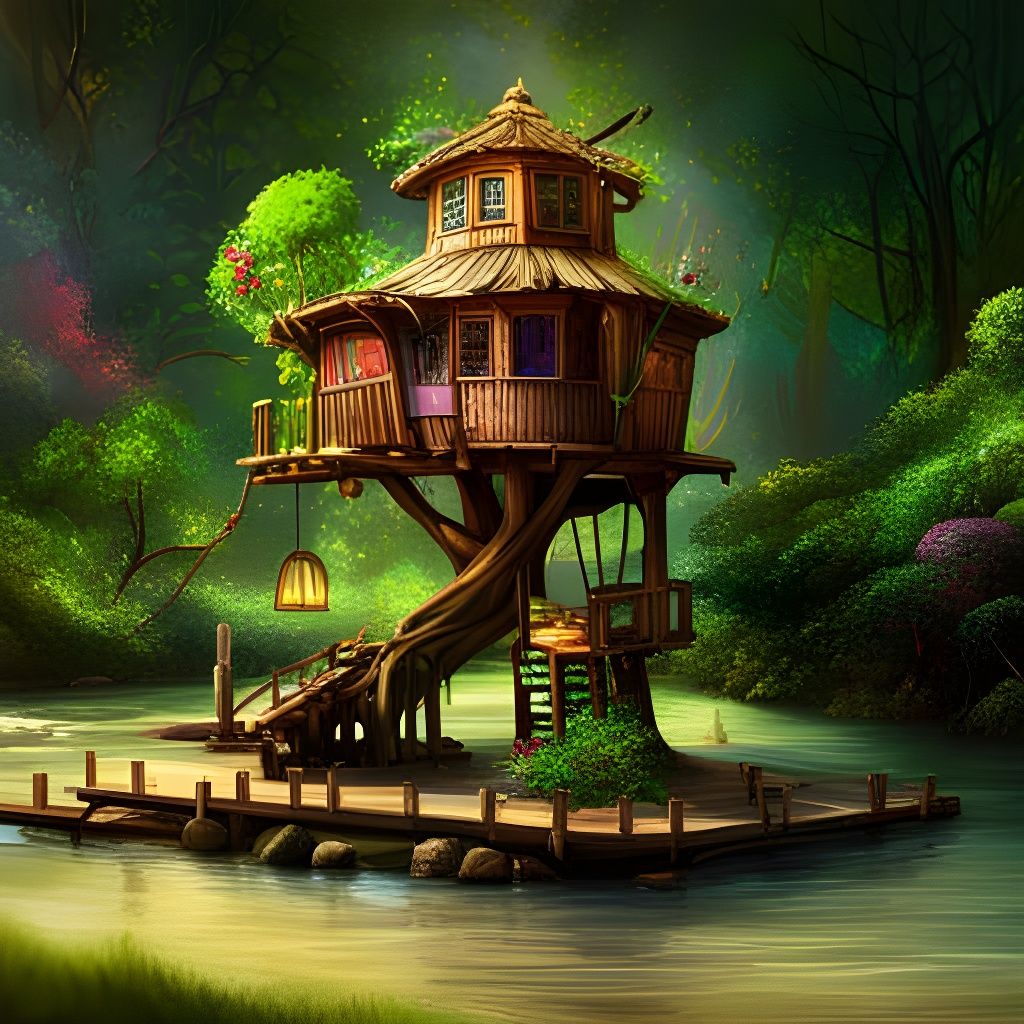 Boho colorful treehouse stand in a forest by a river - AI Generated ...