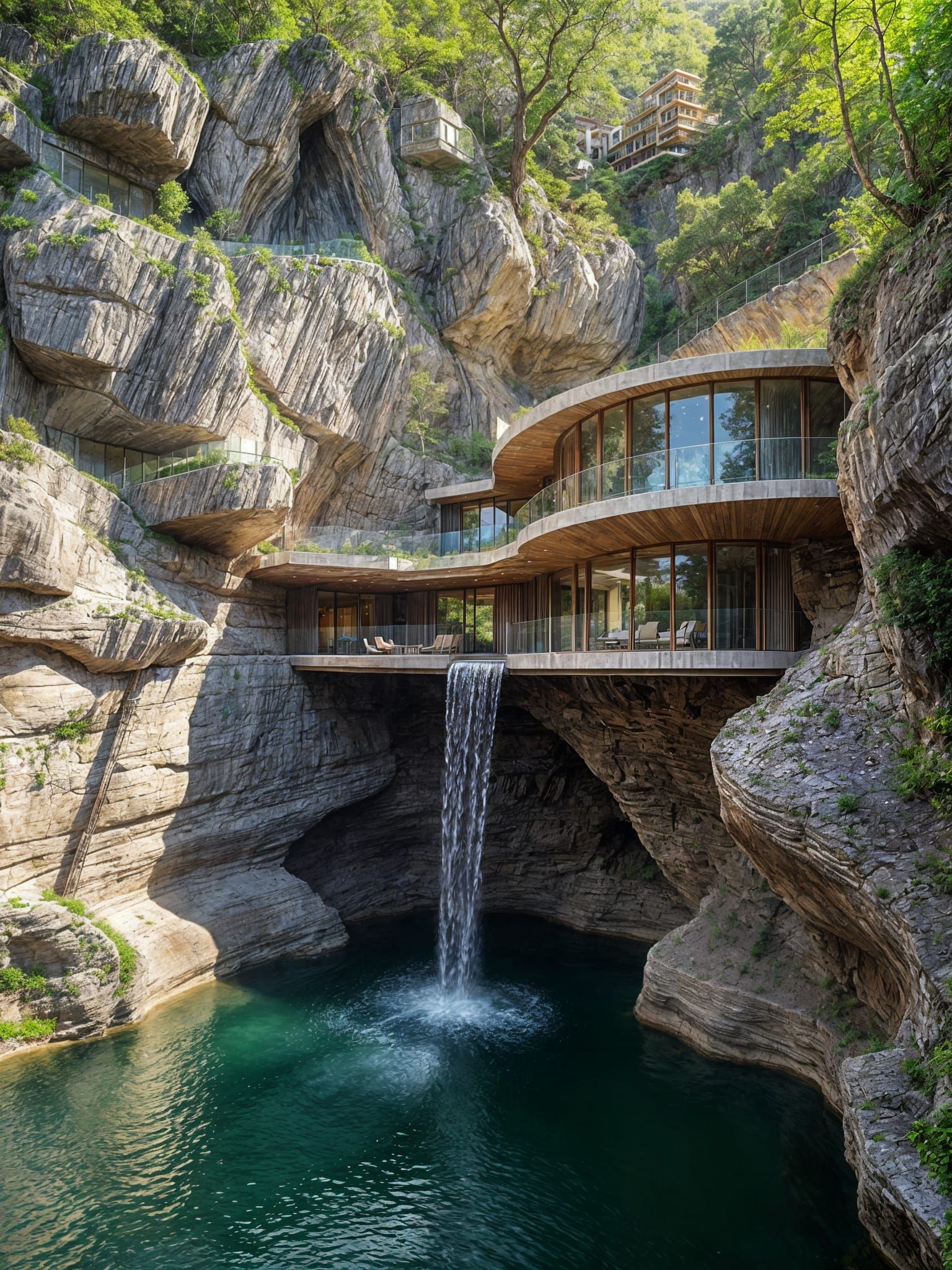 Organic Cliffside Oasis with Waterfall in Natural ... - AI Art