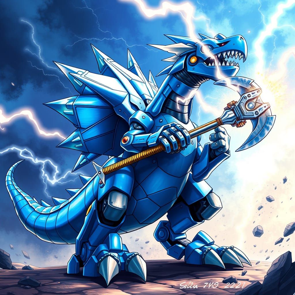 Blue Metal Dinosaur Digimon Wields Lightning Axe i... - AI Art