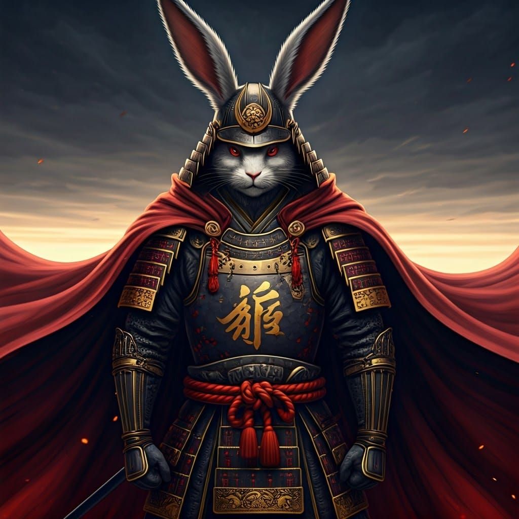 A stylized figure, a rabbit-headed warrior, is depicted in a dynamic ...