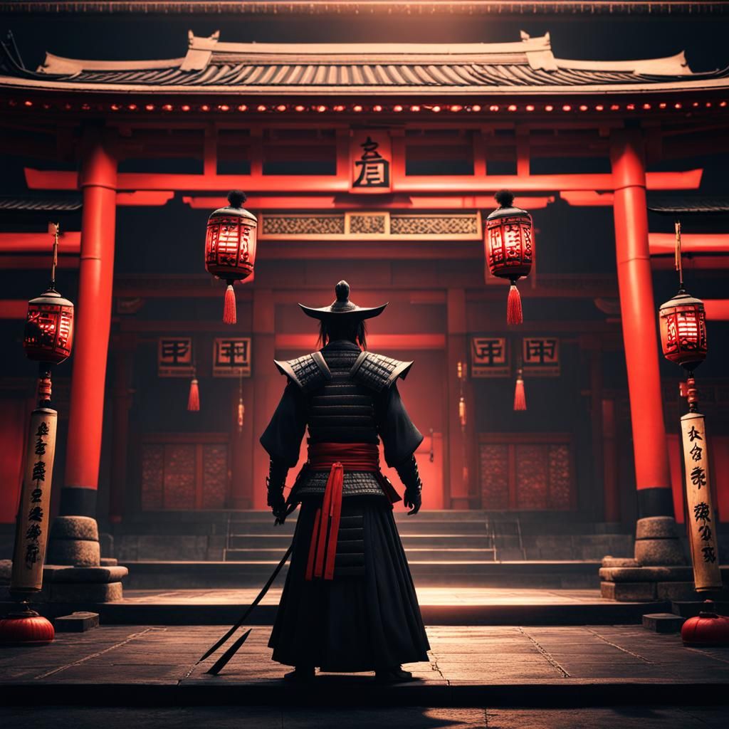 Samurai with red eyes in a Japanese temple summoning a demon that has ...