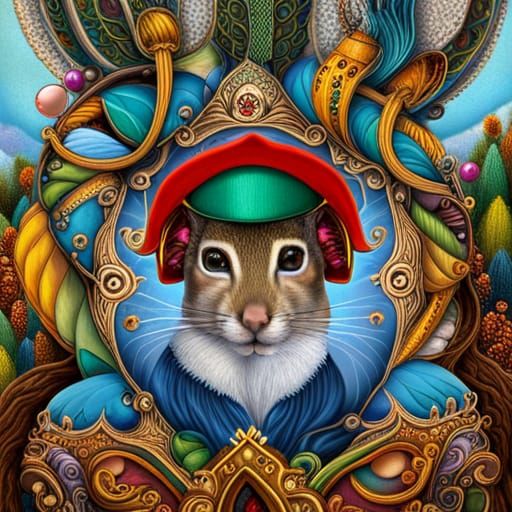 A magical squirrel king embroidered in a pillow - AI Generated Artwork - NightCafe Creator
