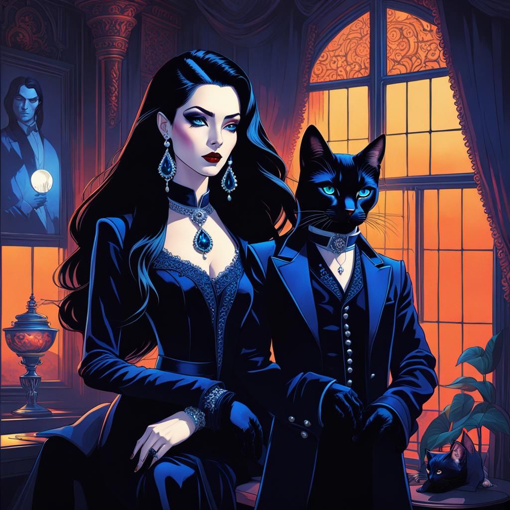 Vamp couple and their cats. 2 - AI Generated Artwork - NightCafe Creator