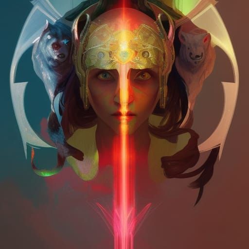 Holy trinity of gladiator with neon red ghost with wolf With green ...