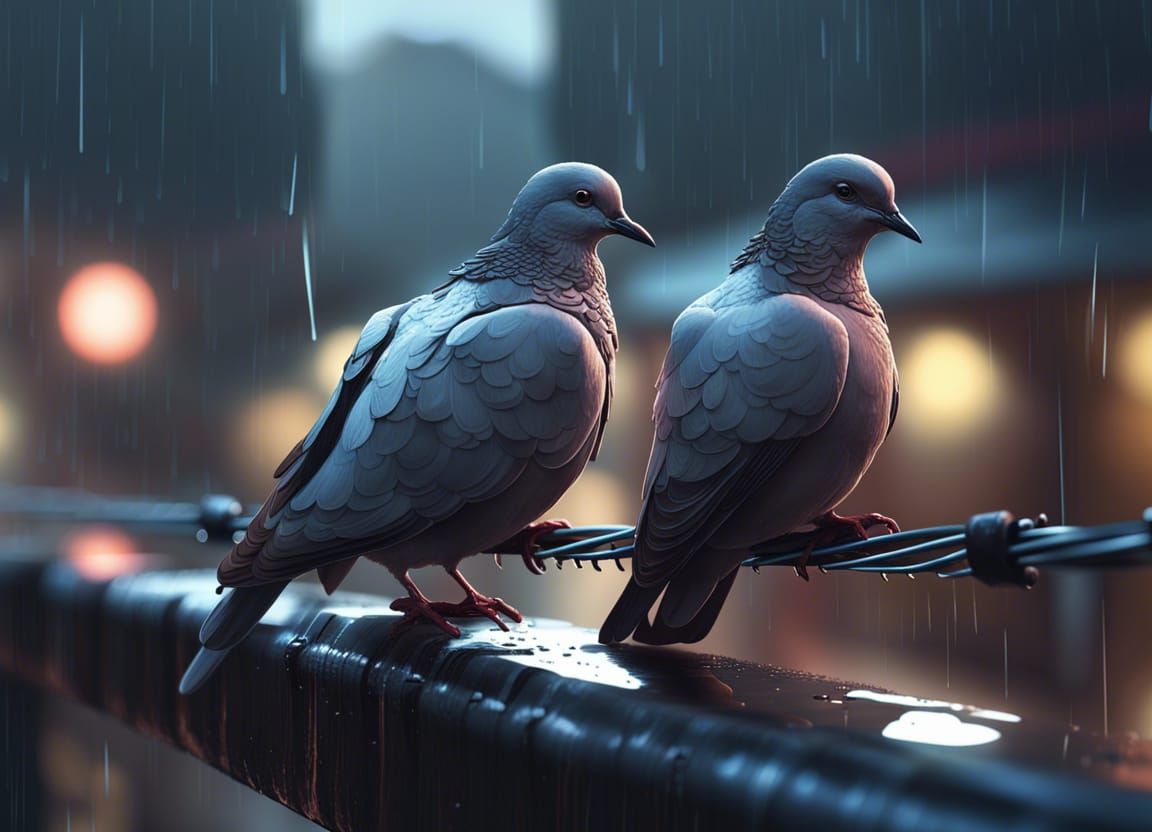 Two doves sitting on a wire in the rain - AI Generated Artwork ...