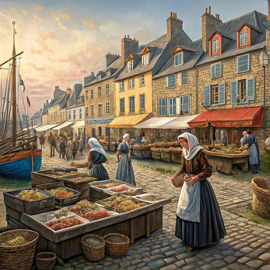 morning scene in an old Breton harbor, where the stone-paved market ...