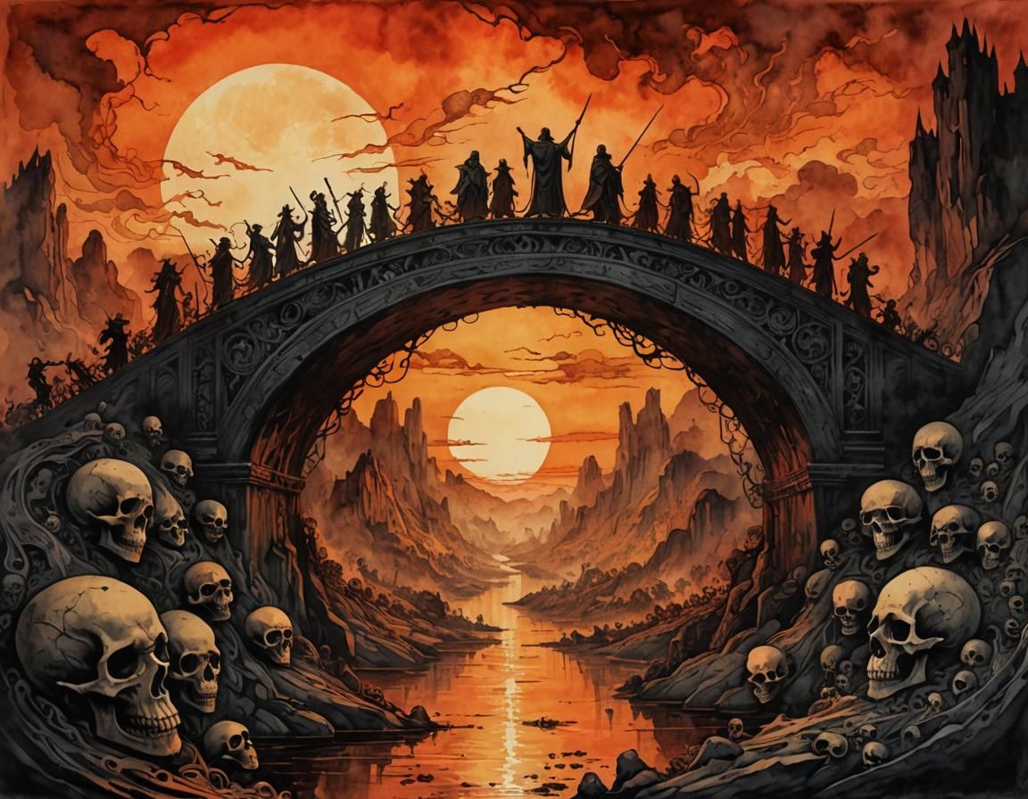 Gothic Bridge of Skulls in Fiery Sunset - AI Art
