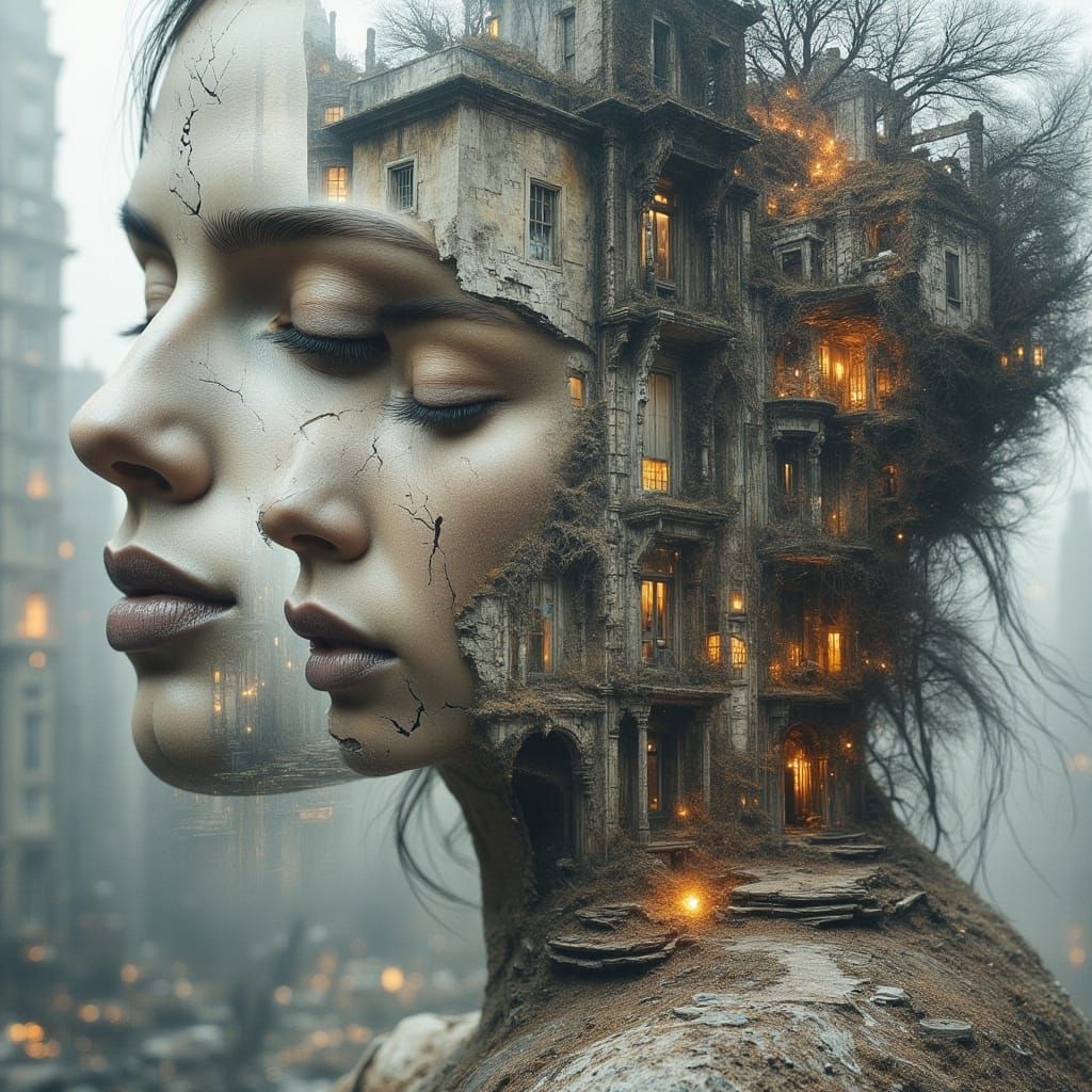 the broken twin - Surreal Double Exposure of Decaying Figure