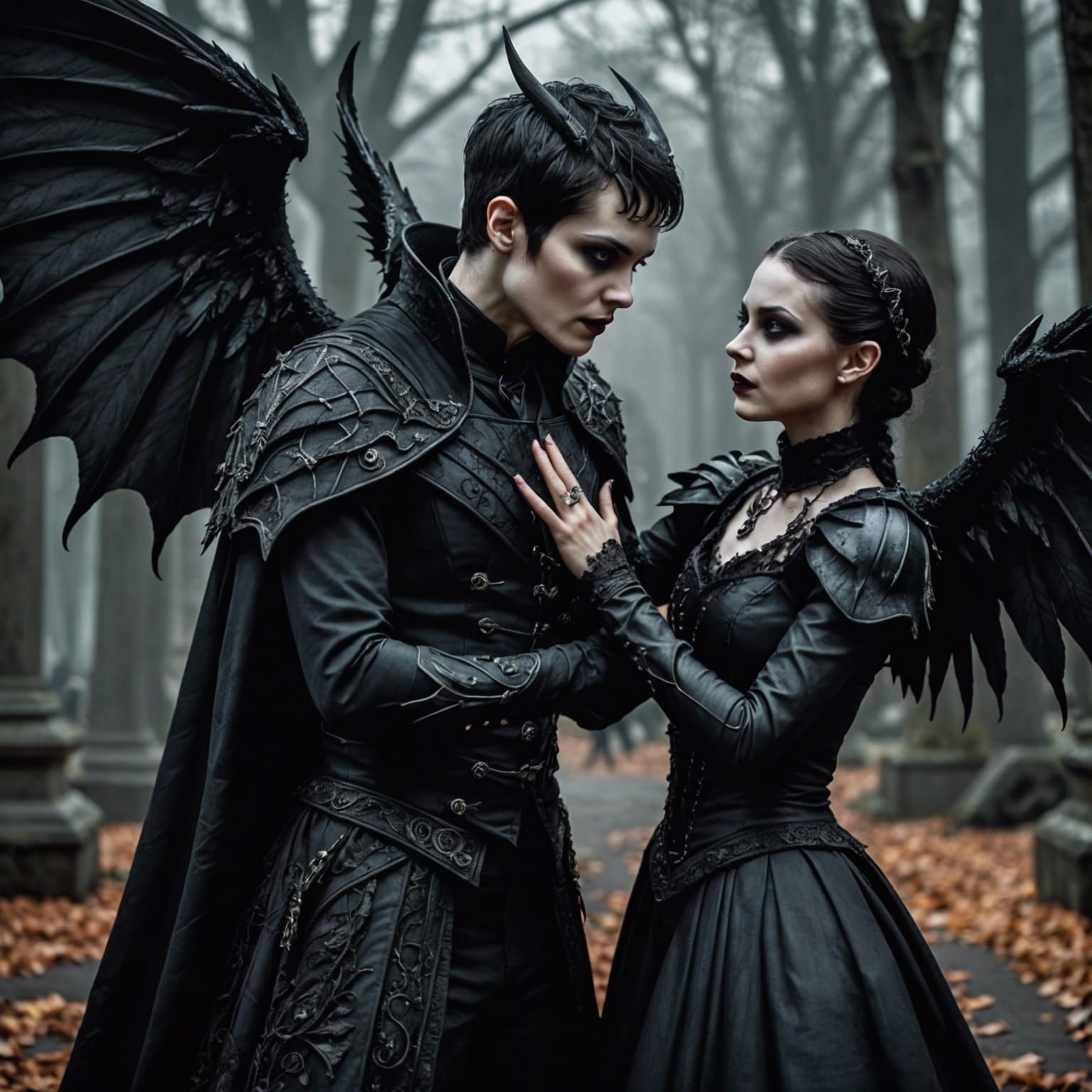 Winged goth black pixie girl high five with a vampire dude intricate ...