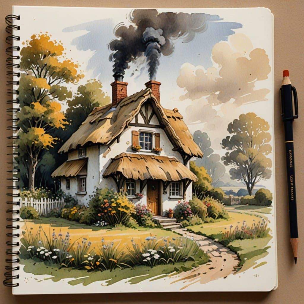 Whimsical Cottage Doodle in Impressionist Style - AI Art