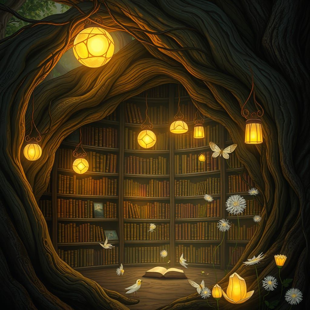 Whimsical Oak Tree Library with Fairies and Glowin... - AI Art