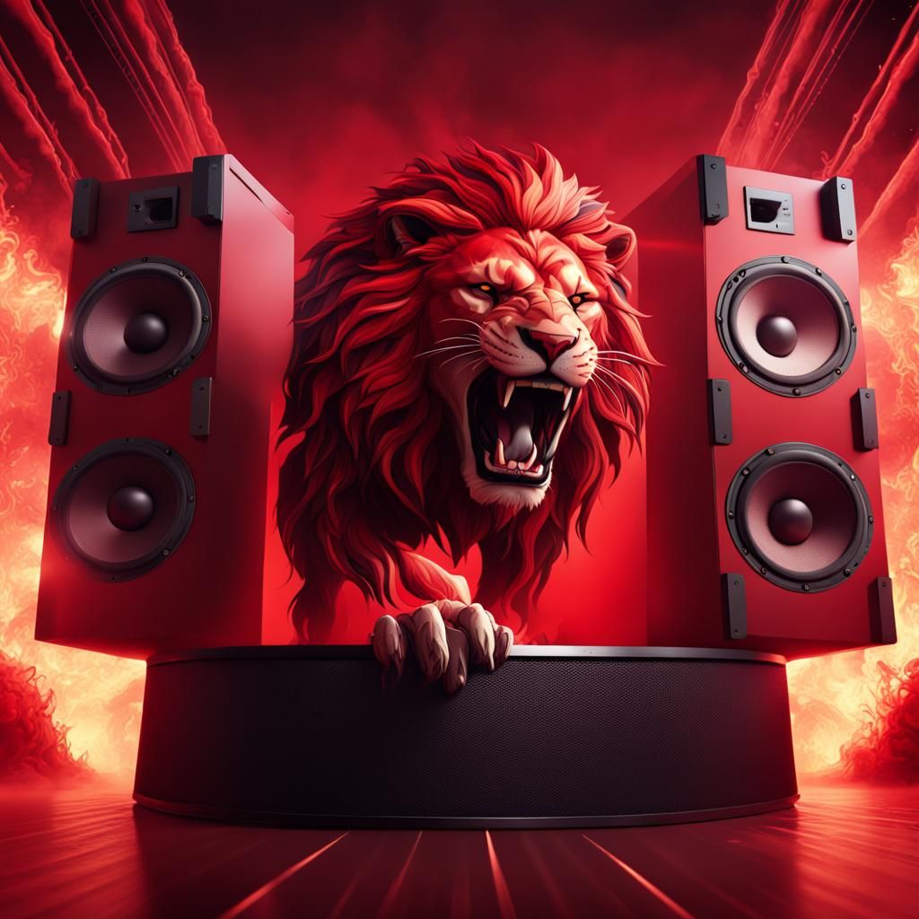 Red Roaring Lion busting out from inside of a concert speaker - AI ...
