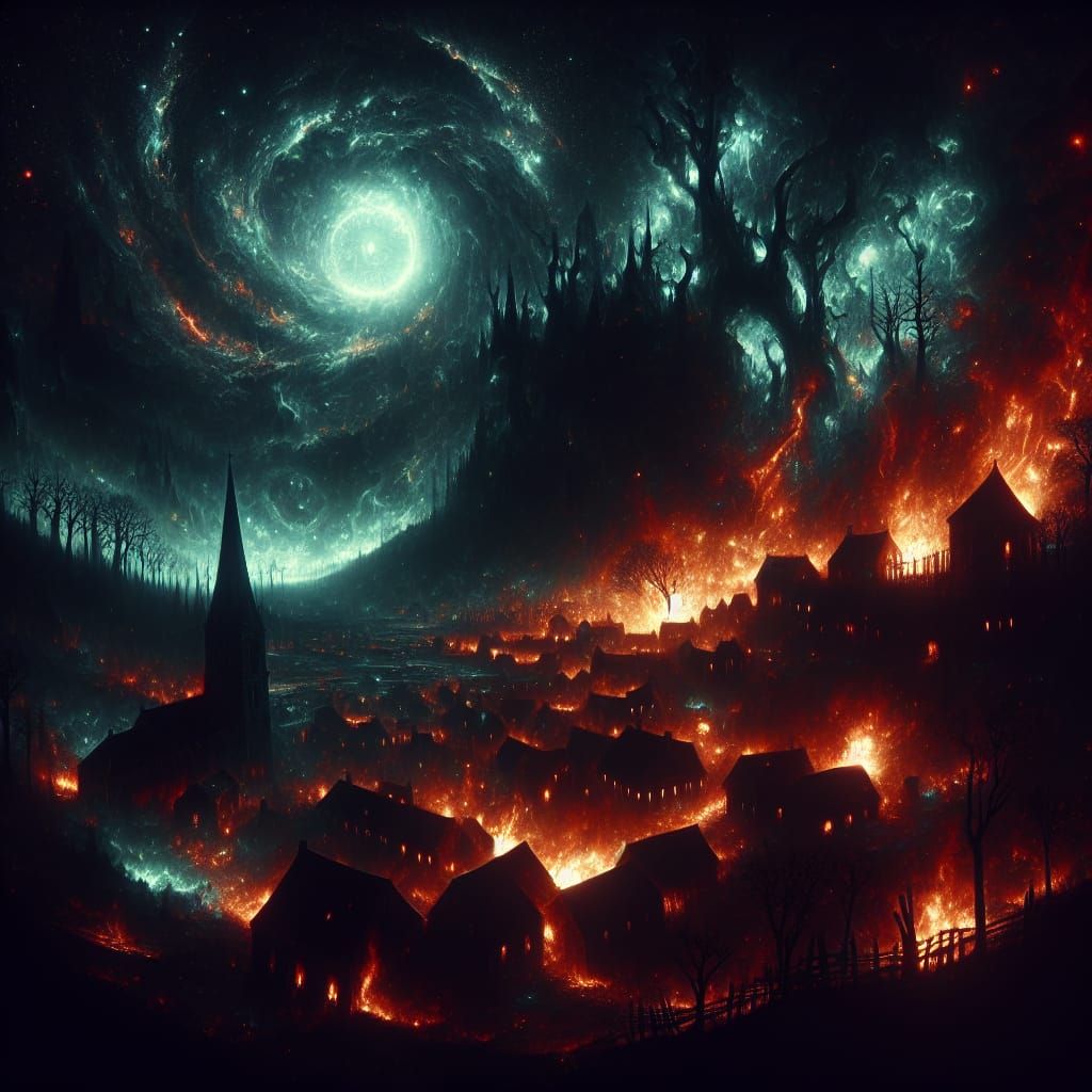 mid-evil burning village, dark, next to forest, eldritch fire, cosmic ...