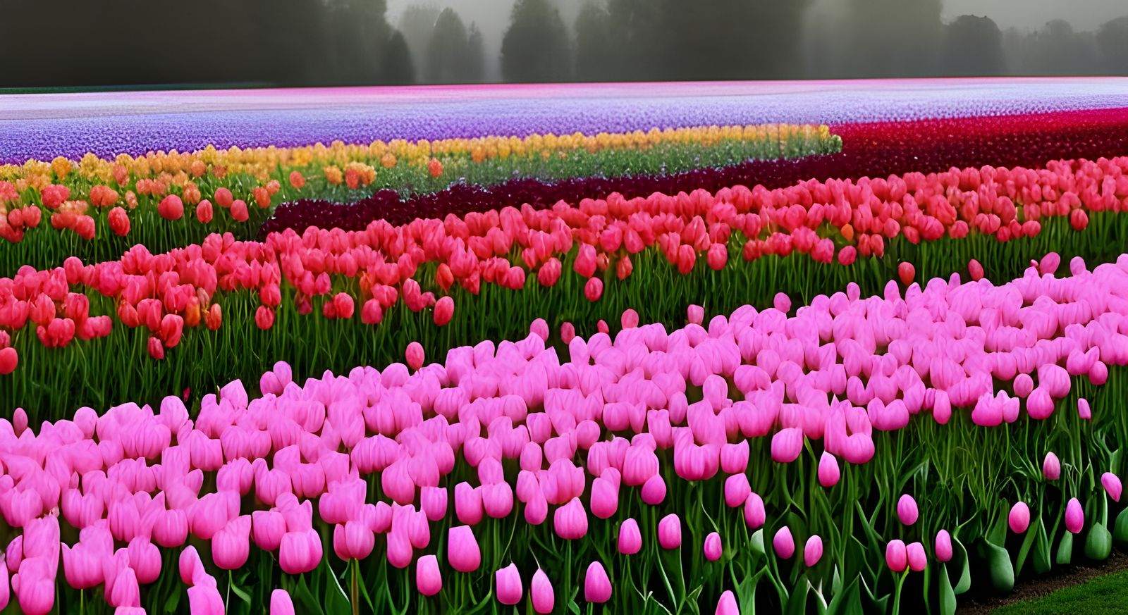 "Design a tulip field in a mystical forest, with towering trees and a ...