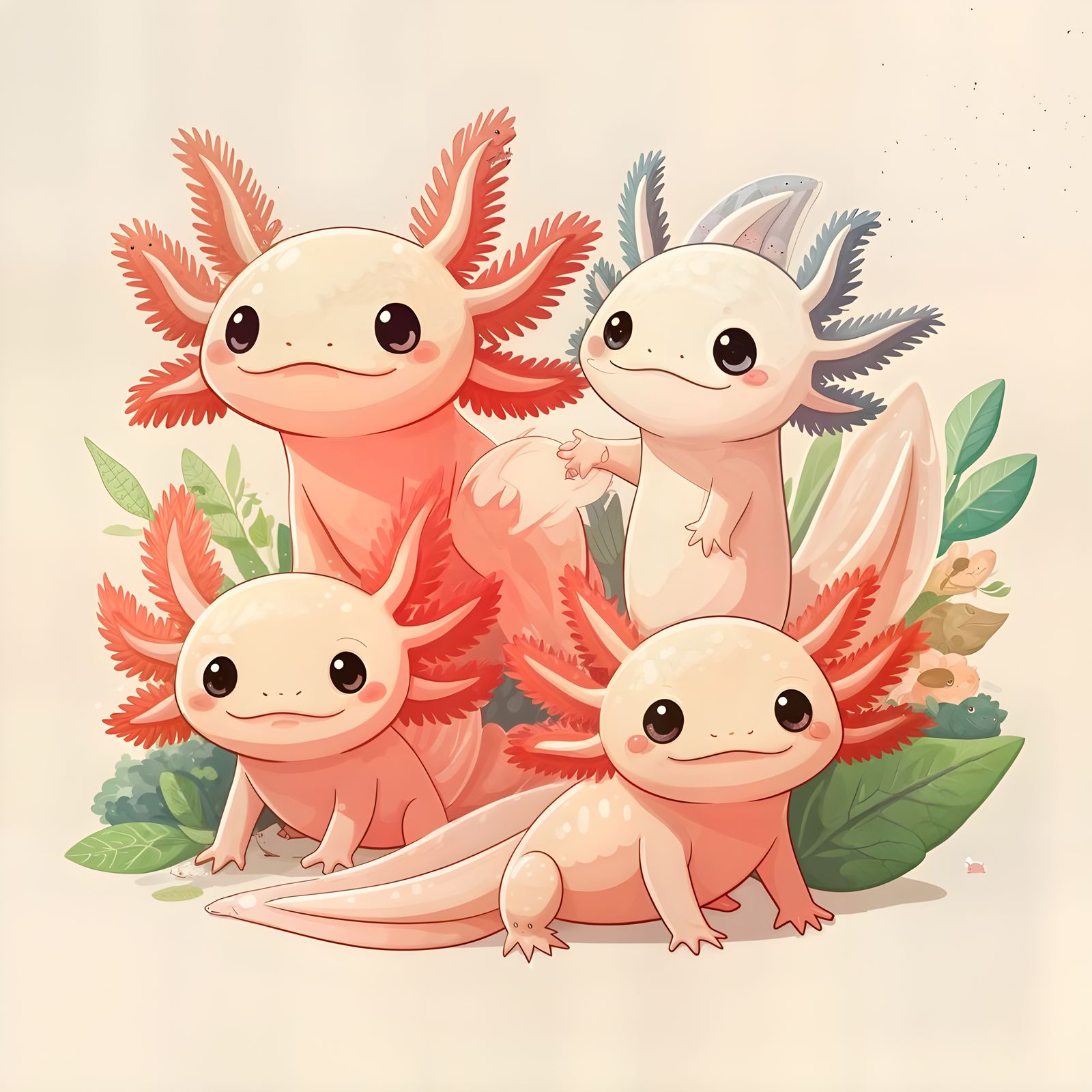 Chibi Axolotls Gathered in a Playful Group - AI Art