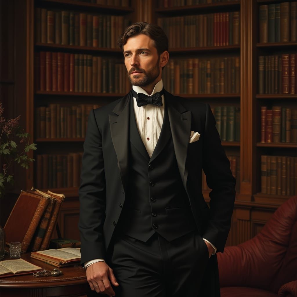 Victorian Gentleman in Lavish Study, Classical Rea... - AI Art