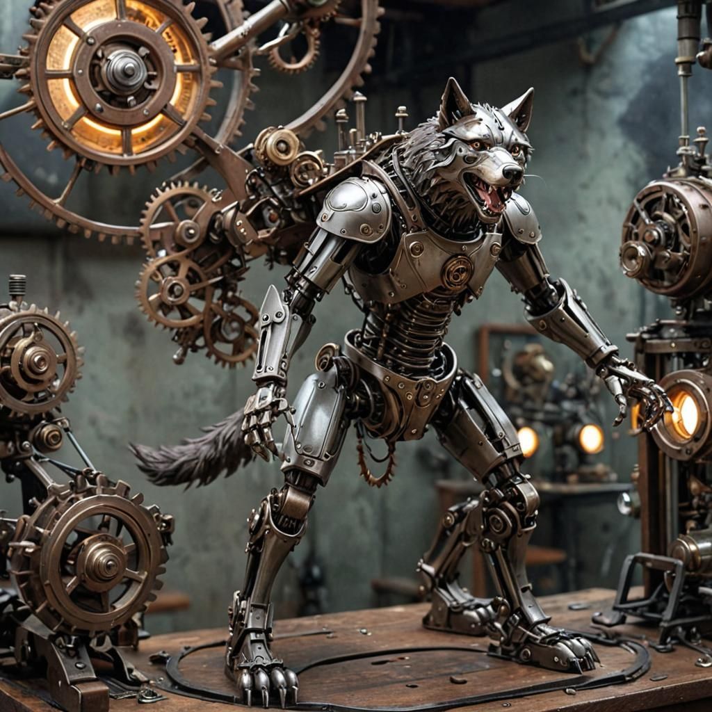 Mecha Steampunk Automaton Anthropomorphic wolf Visible Gears, Springs ...