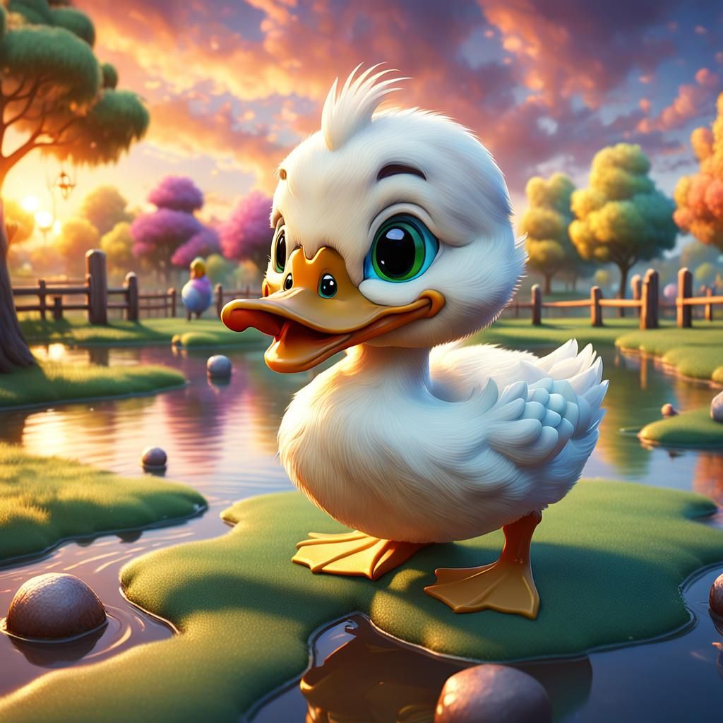 A happy adorable baby chibi duck using grain as a fetch stick in a ...