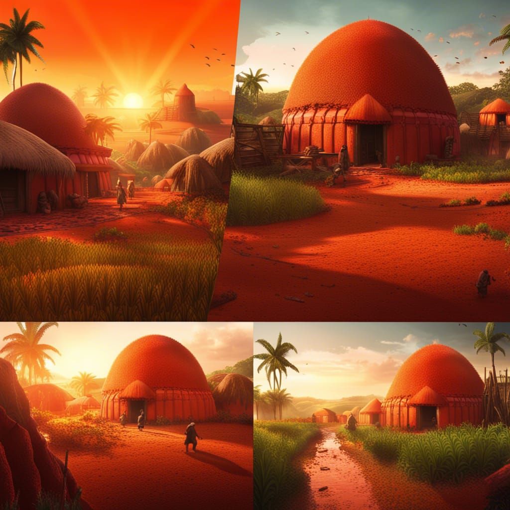 An ancient village with smooth, dome-shaped, red clay huts surrounded ...