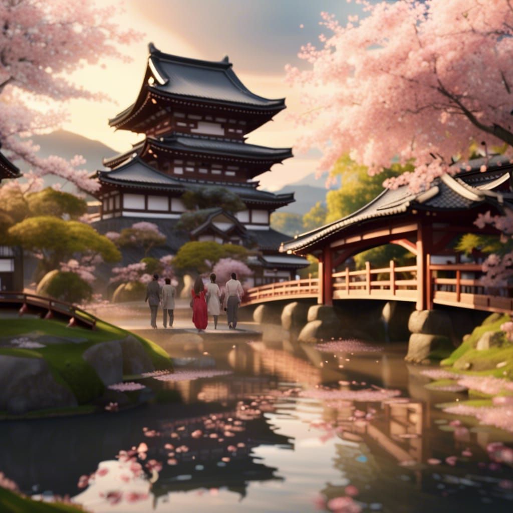 A beautiful Japanese village and temple in the middle with pond and ...