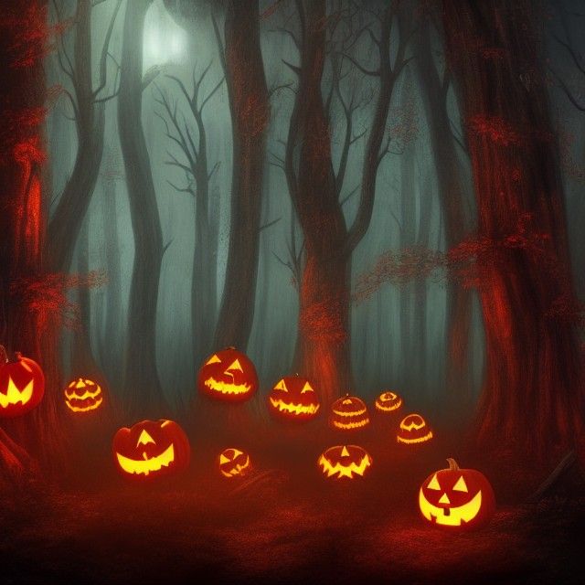 Glowing jack-o-lanterns scattered in a dark forest, nighttime, dark, spooky, sinister, haunted ...