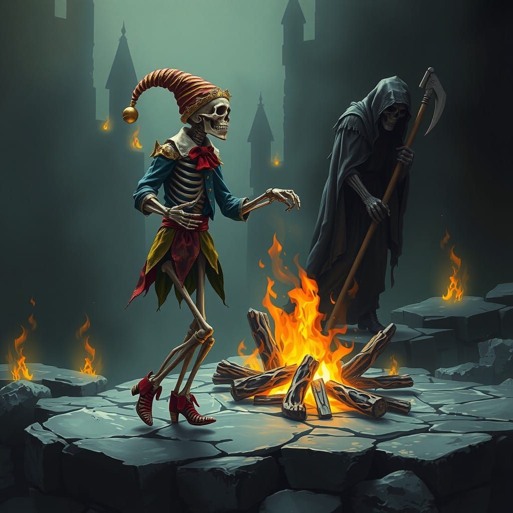 A lone, ornate skeleton, dressed in tattered, yet once vibrant, jester ...
