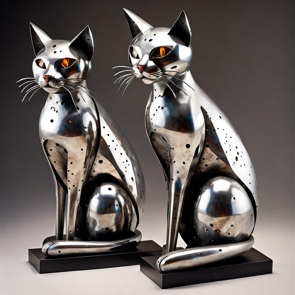 Cats; scrap steel sculpture art style of Greg Artlop; titanium ...