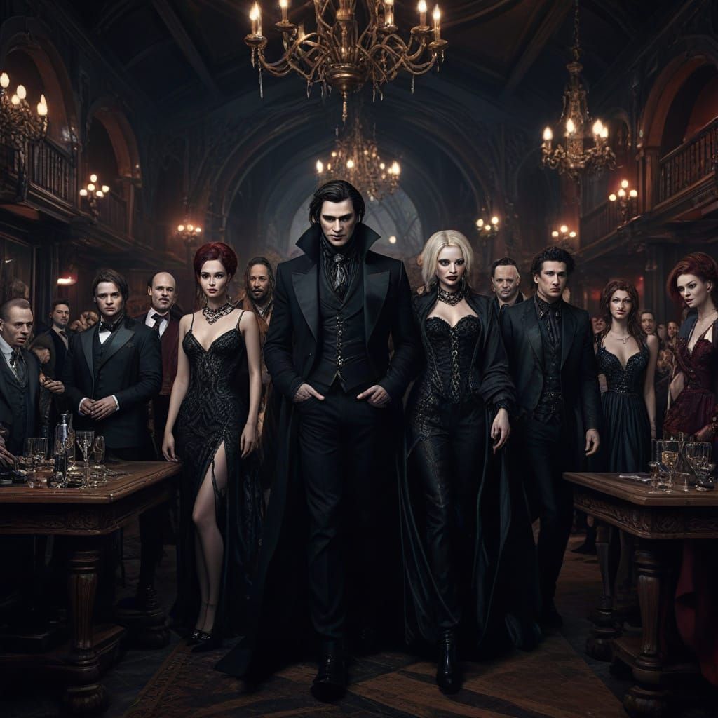 gothic group of stylish vampires emerging from a sleek, high-end ...