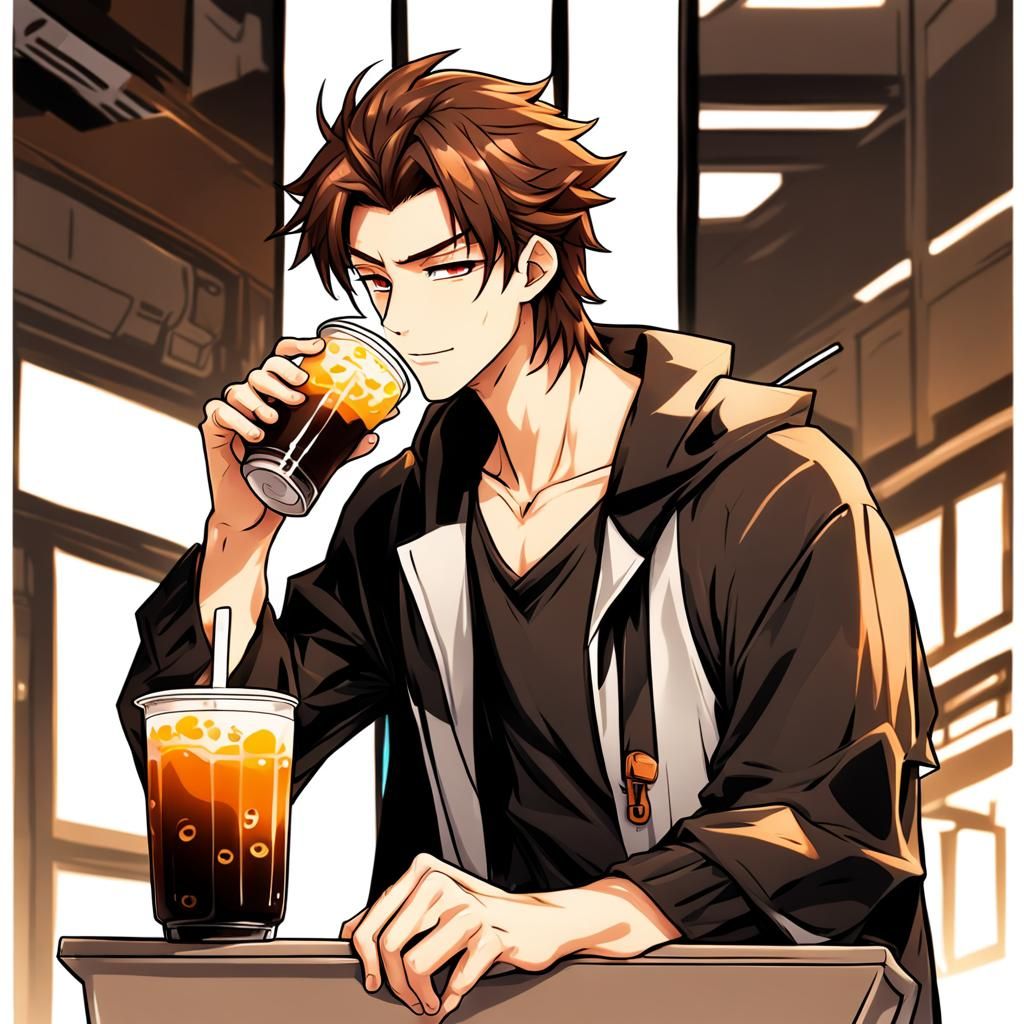 male with brown hair drinking boba tea - AI Generated Artwork - NightCafe Creator