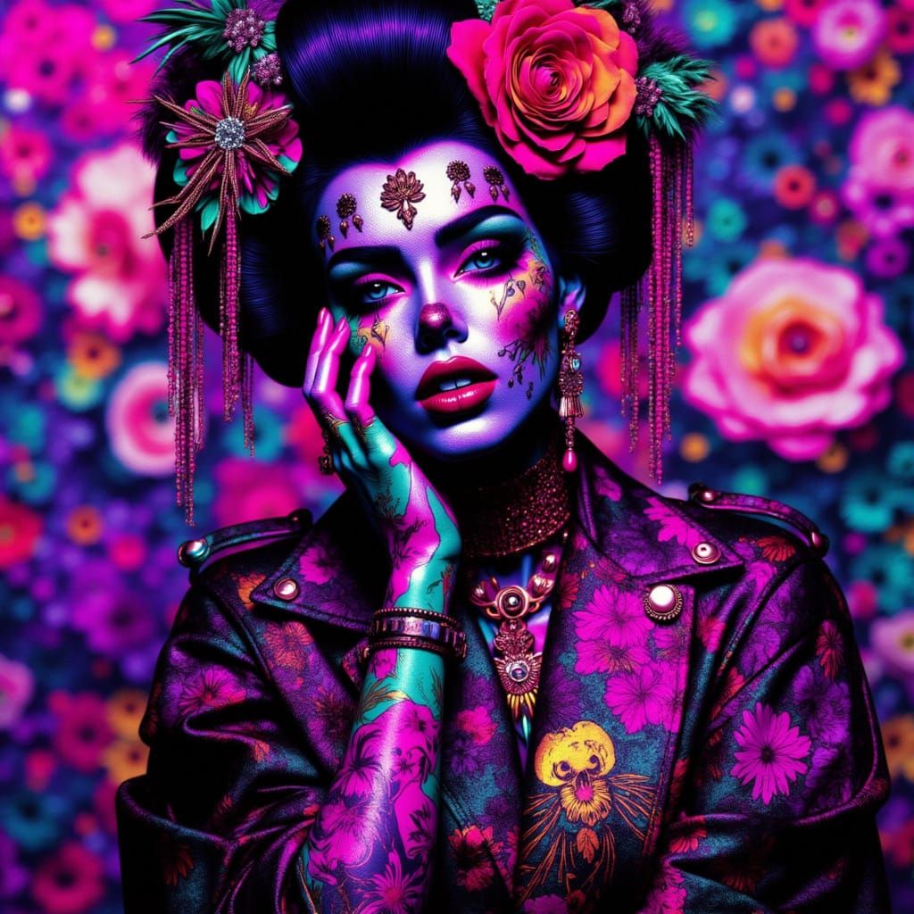 Vibrant Pop Art Geisha Under Neon Blacklight - AI Art