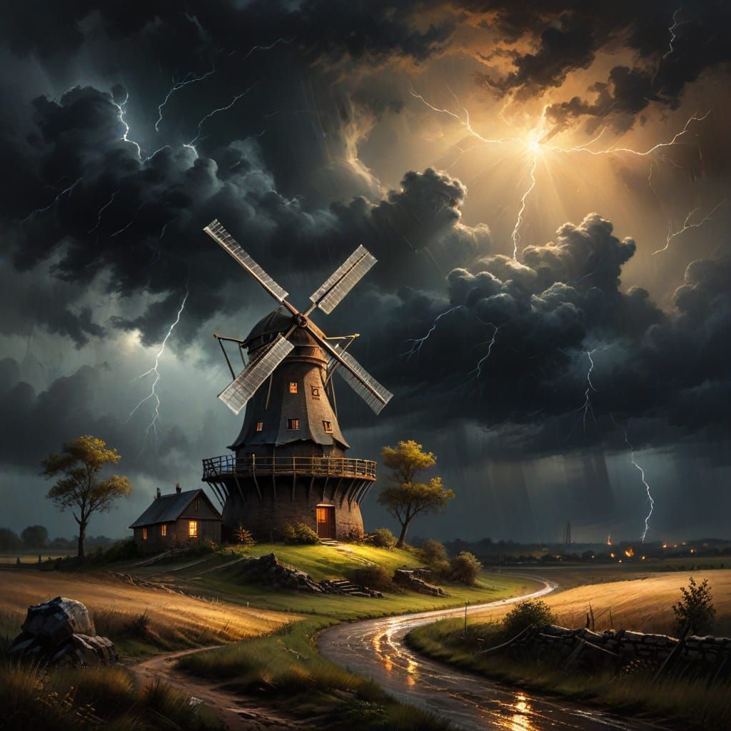 Windmil in stormy night - Dramatic Dutch Masters Painting of...