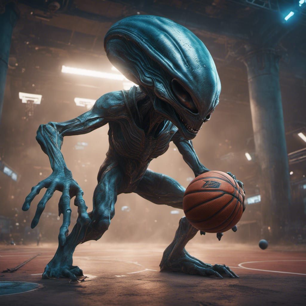 Alien playing basketball detailed matte painting, deep color ...