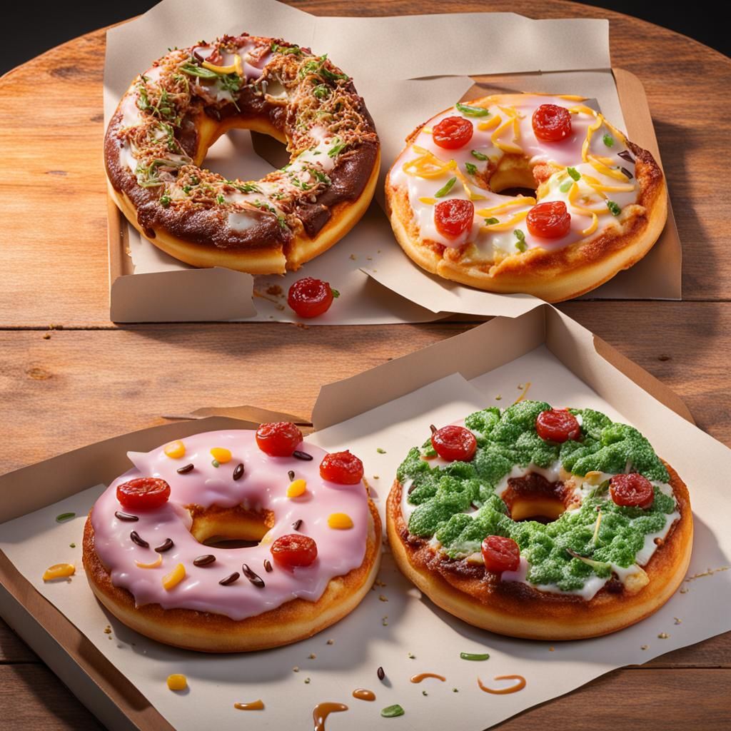Donuts on pizza, f1/4, menu, soft restaurant lighting - AI Generated ...