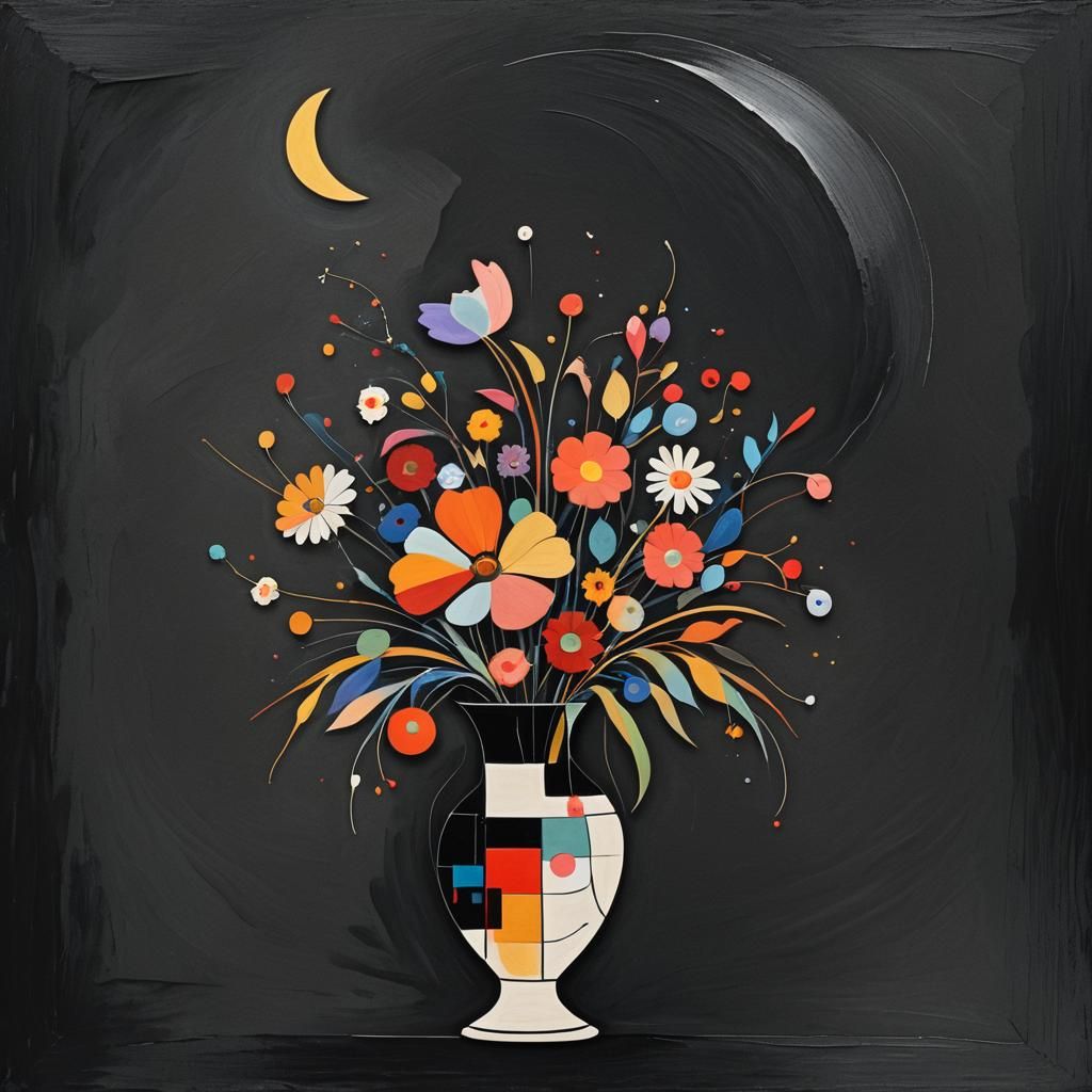 A flower in a vase. A half moon. In the style of Kinkade. In the style ...