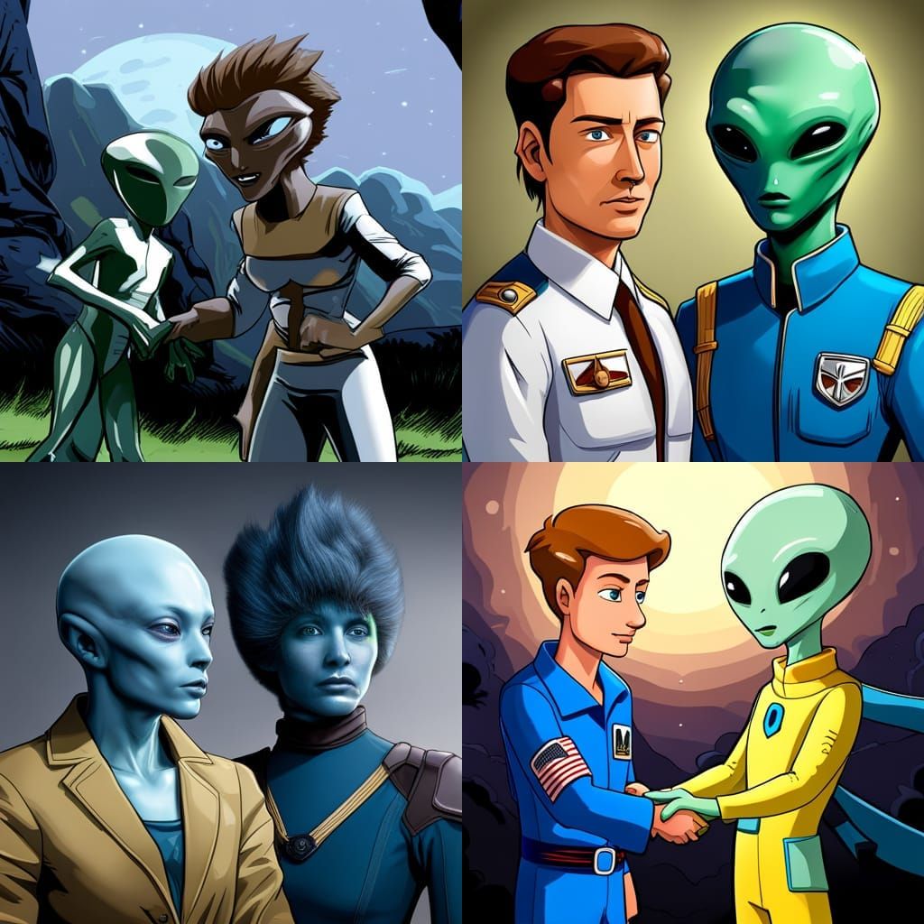 Alien explorer and human explorer meet. - AI Generated Artwork ...
