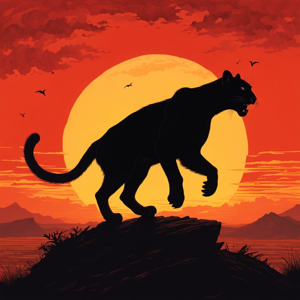 Regal Puma Leaps over Blazing Sunset in Dark Fanta... - AI Art