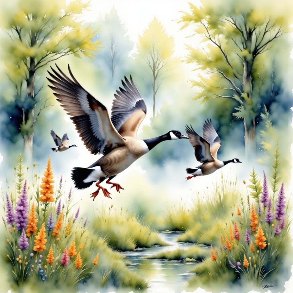 Geese in Flight: Impressionist Watercolor Landscap... - AI Art
