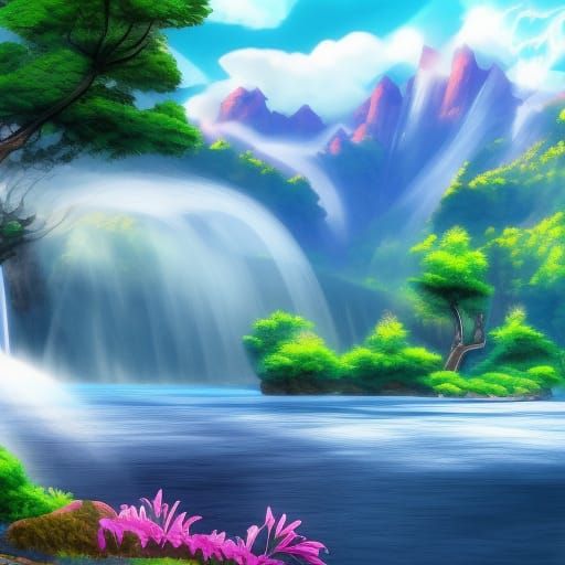 Beautiful horizon with many waterfalls and mountains with legendary ...