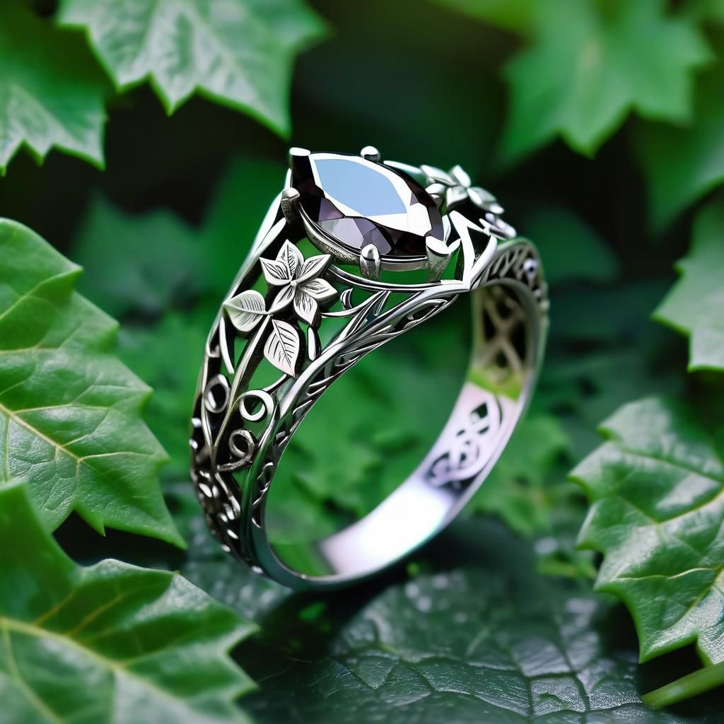 A beautiful silver ring with one shiny dark seven-pointed crystal at ...