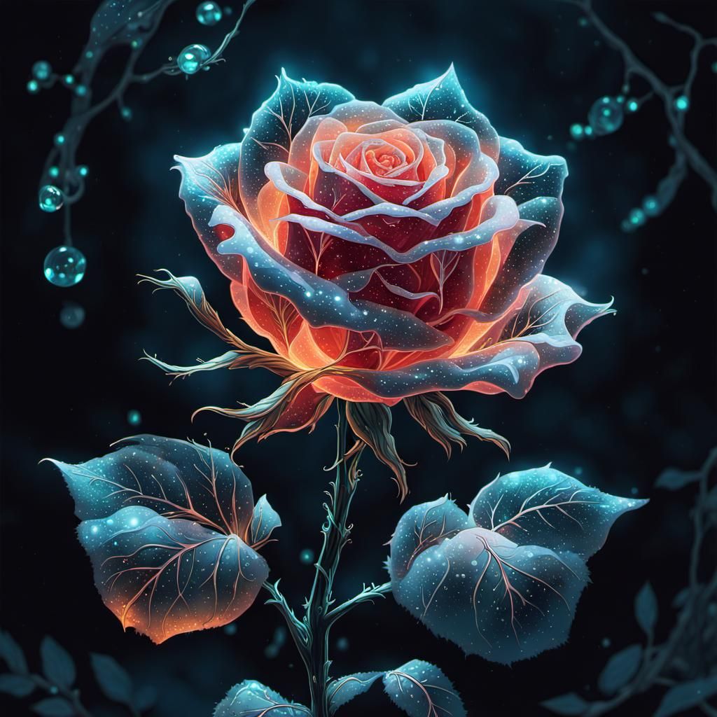 (by Mike Mignola, Yoshitaka Amano), glowing beautiful rose, made out of ...