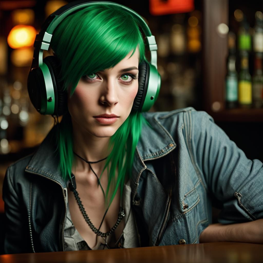 hot emo girl with green hair sitting in a bar with headphones show full ...