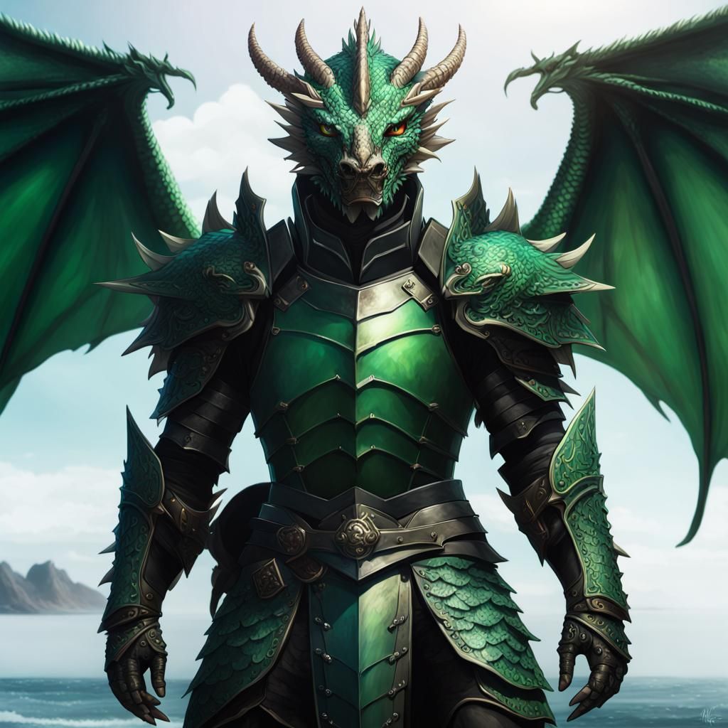 A male DnD green Half Dragon wearing black armor. Hyperrealistic, splash art, concept art, mid ...