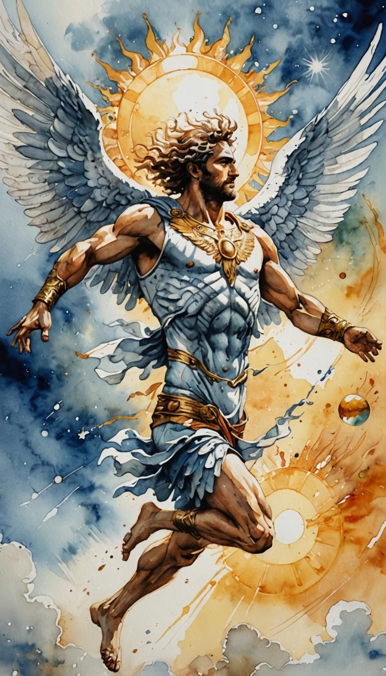 Watercolor paint of Icarus flying the sun, hyper details, Greek ...