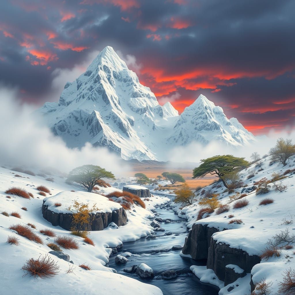 A double Exposure snow storm white out, large mountain range a winding ...